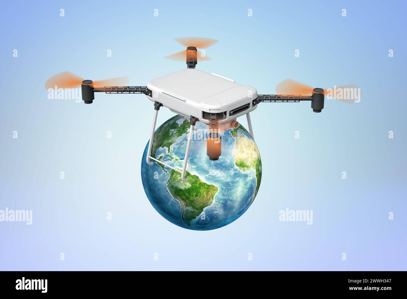 Drone flying above a small globe Stock Photo - Alamy