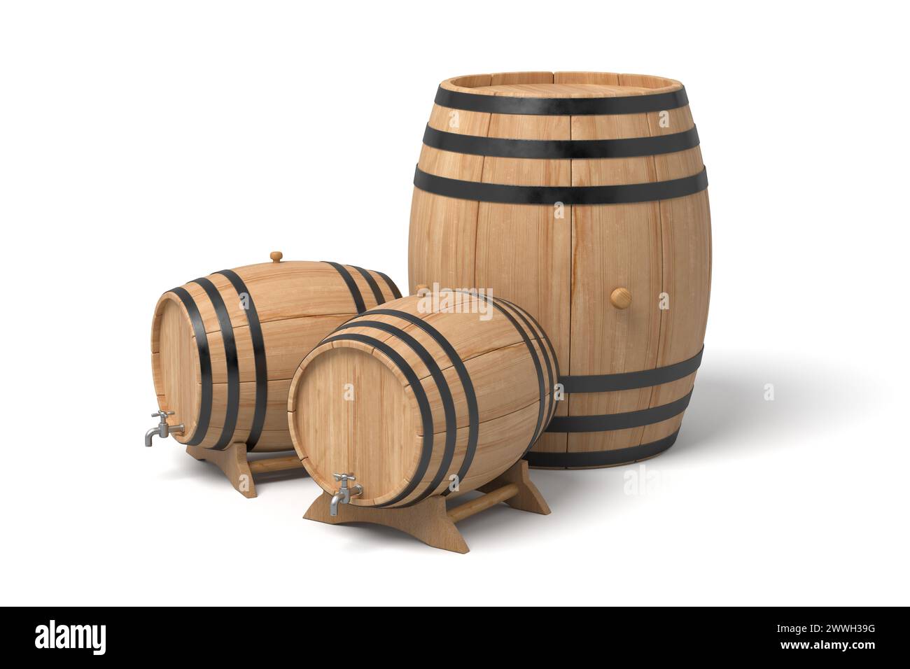 Three wooden barrels, varying sizes, isolated on white Stock Photo - Alamy