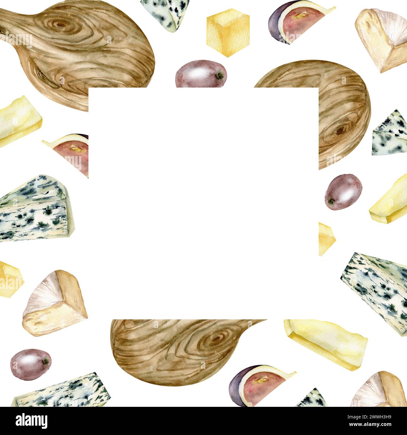 Cheese plate watercolor frame. Hand drawn food illustration with brie ...