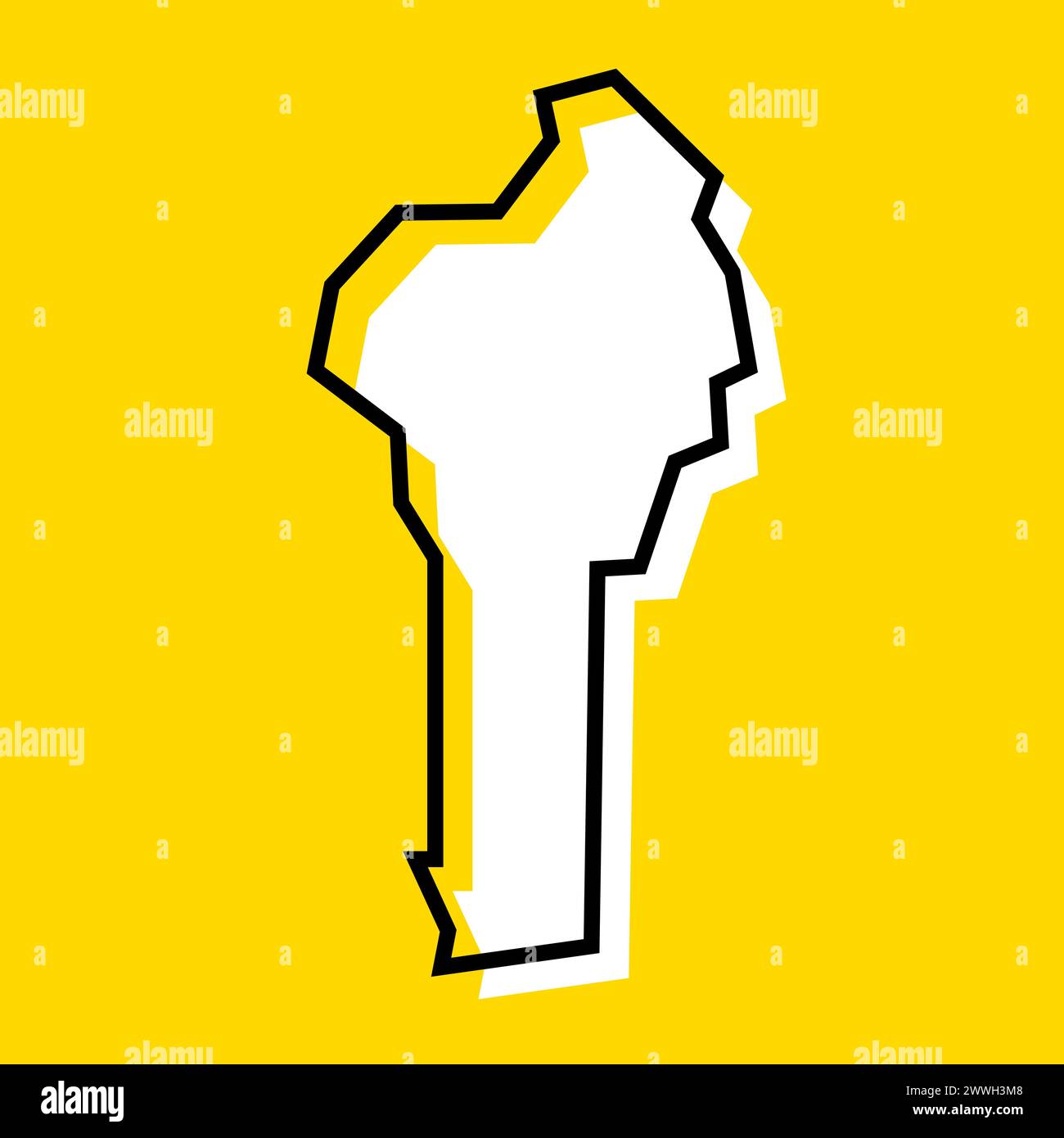 Benin country simplified map. White silhouette with thick black contour on yellow background ...