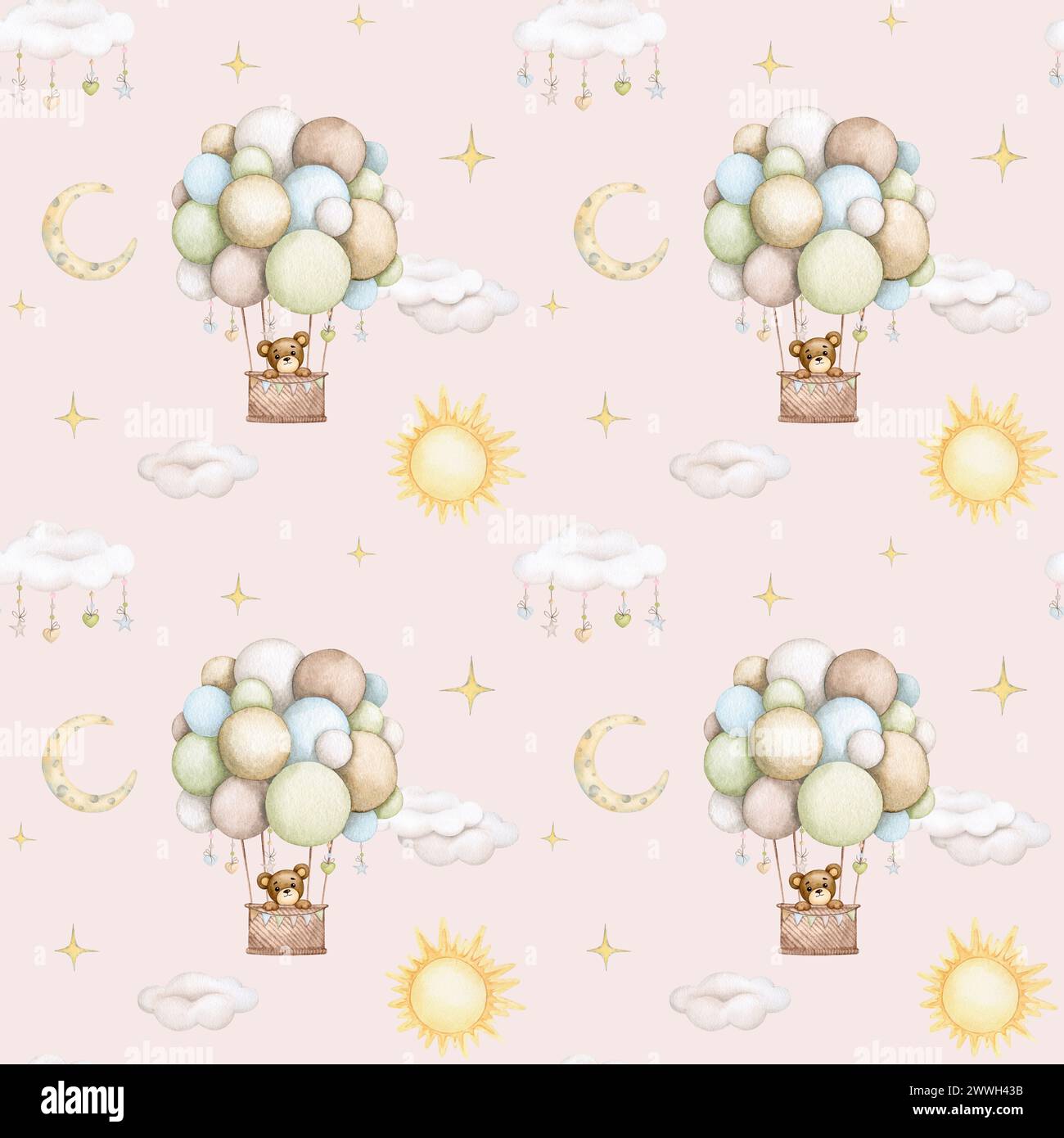 Baby seamless pattern on a beige background. Baby bear on a hot air ...