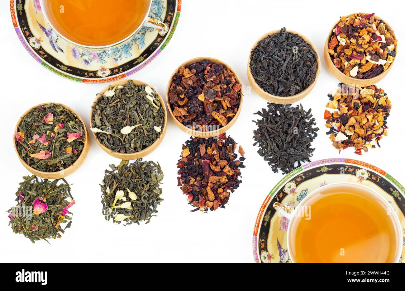 different types of tea on a white background. a kind of delicious tea ...