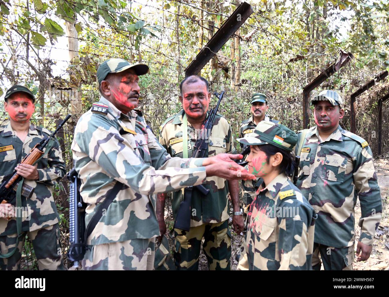 Agartala, Mar 23 (ANI): Border Security Force (BSF) personnel apply ...