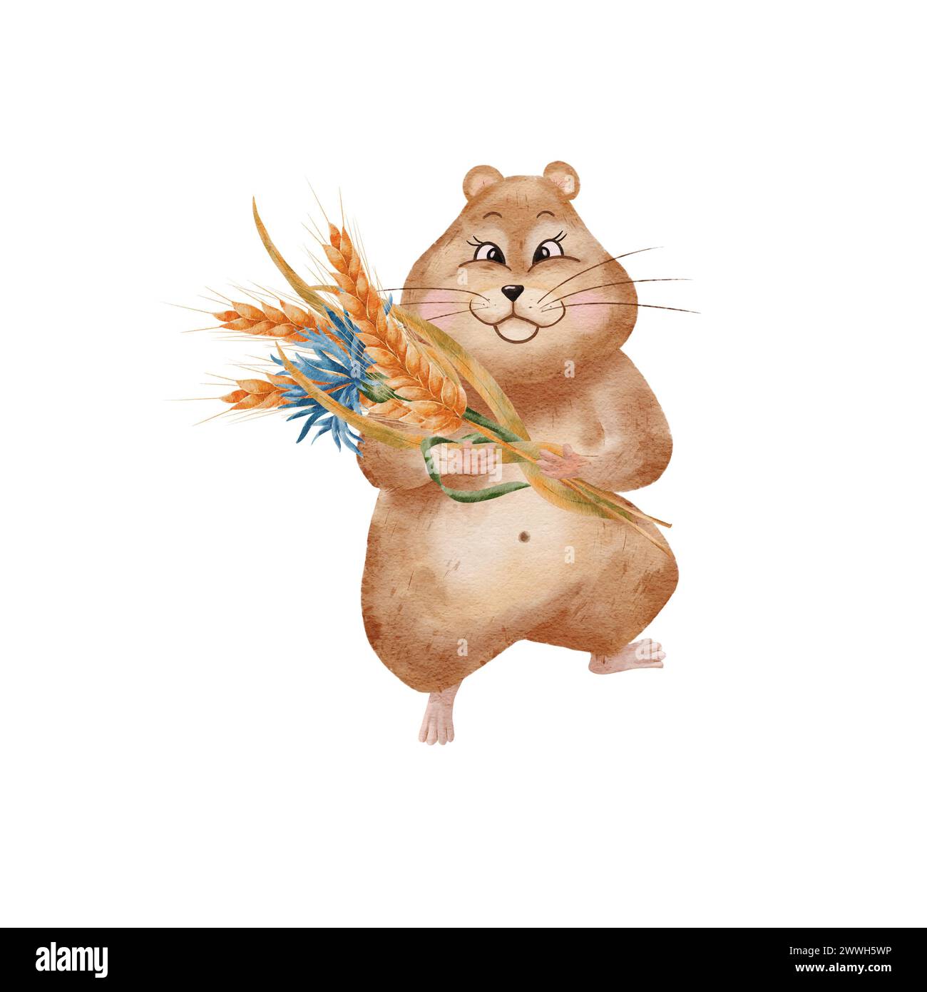 Watercolor hamster. Cheerful fat Hamster with a bouquet of ears of ...