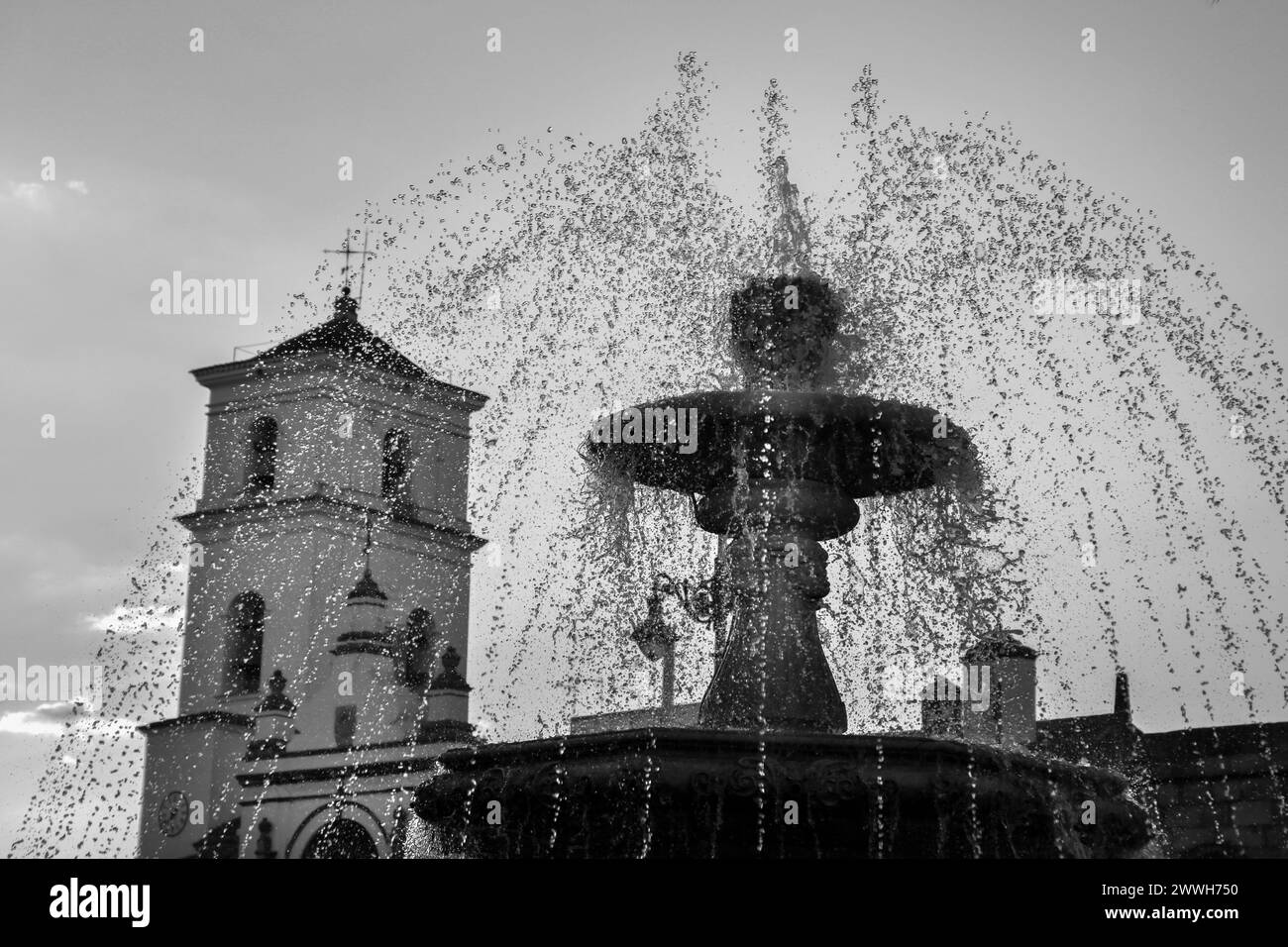 Baroque marble fountain in the main square of Merida, called Plaza de ...