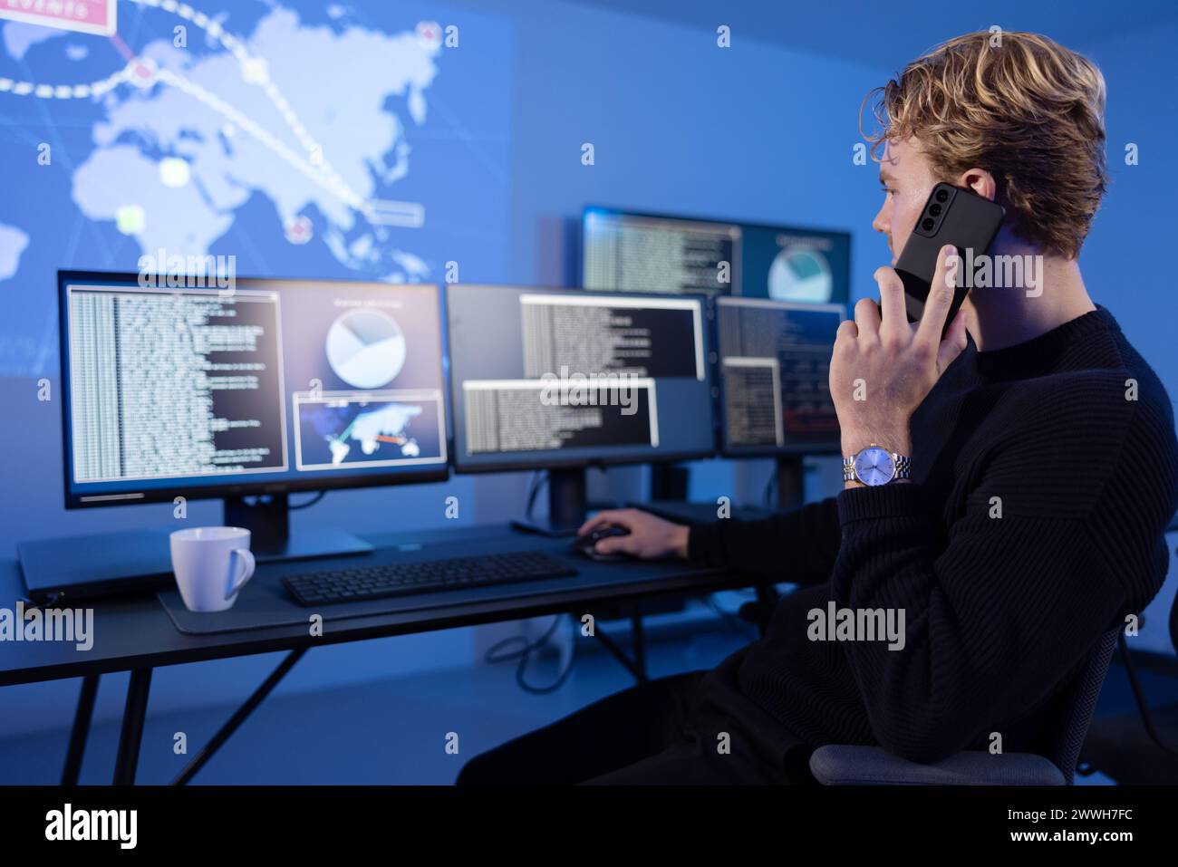 Cyber Security Control Center Operator In Phone Call Working Multiple