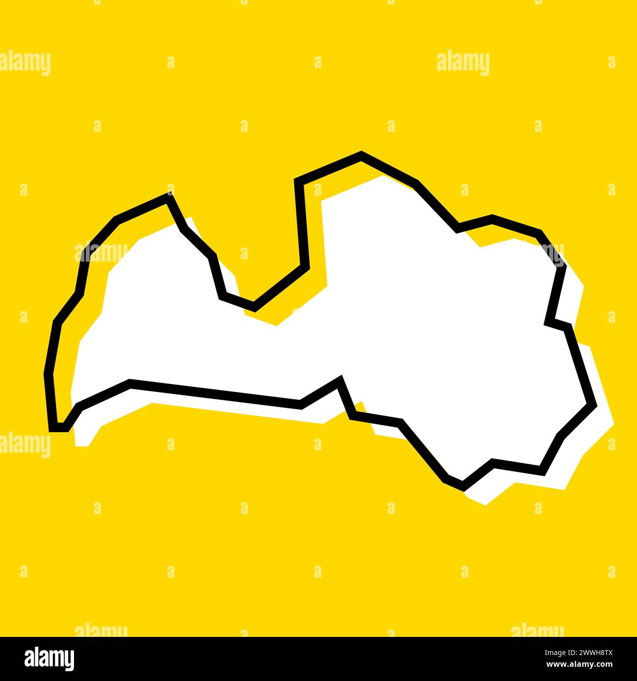 Latvia country simplified map. White silhouette with thick black contour on yellow background ...
