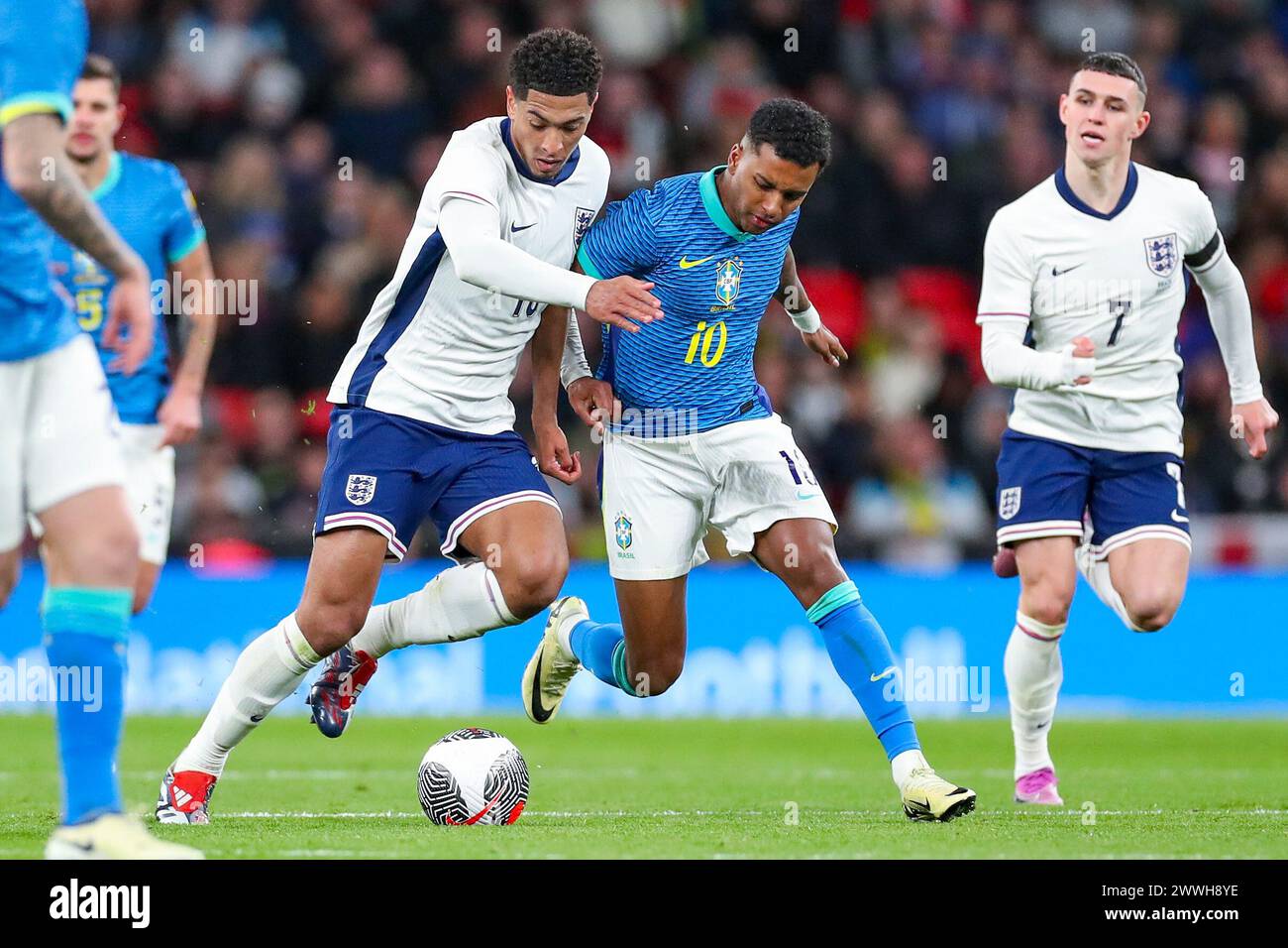 England midfielder Jude Bellingham battles with Brazil forward Rodrygo ...