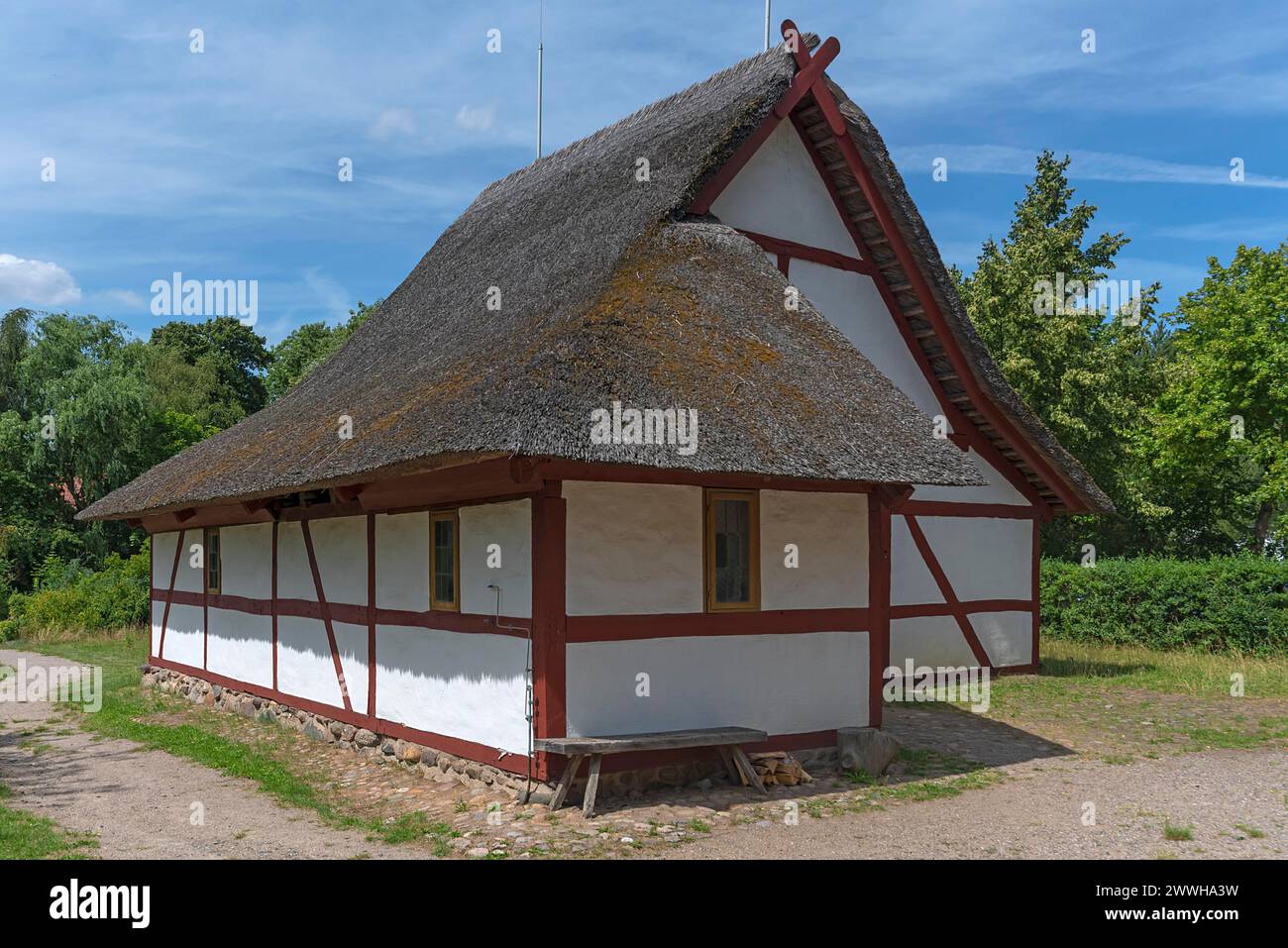 Thatched half-timbered barn from the 19th century, open-air museum for ...
