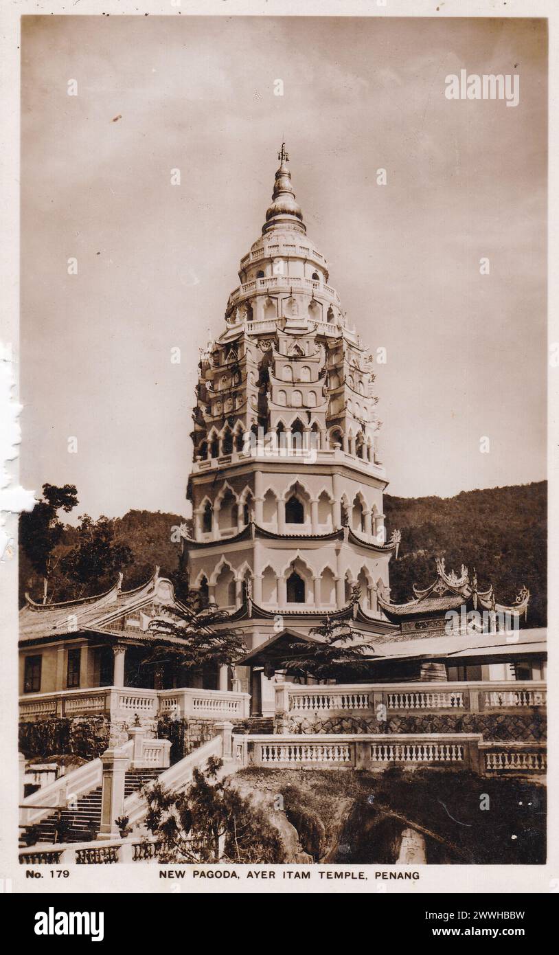 Vintage postcard of New Pagoda, Ayer Itam Temple, Penang, 1920s Stock ...