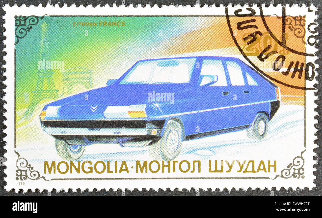Cancelled postage stamp printed by Mongolia, that shows Citroen BX ...