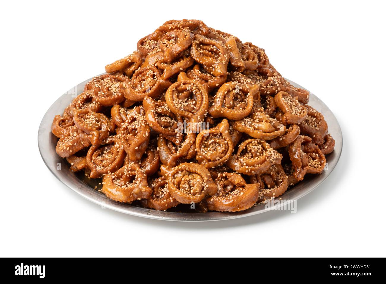 Plate with traditional Moroccan fresh baked chebakia close up for ...
