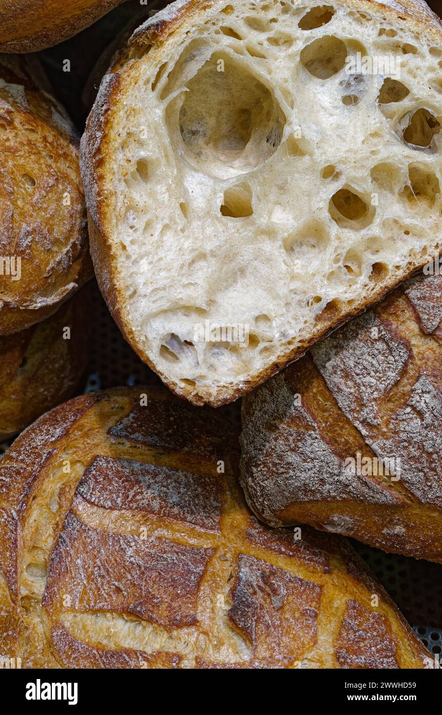 Group of large loaves of freshly baked traditional wheat bread ...