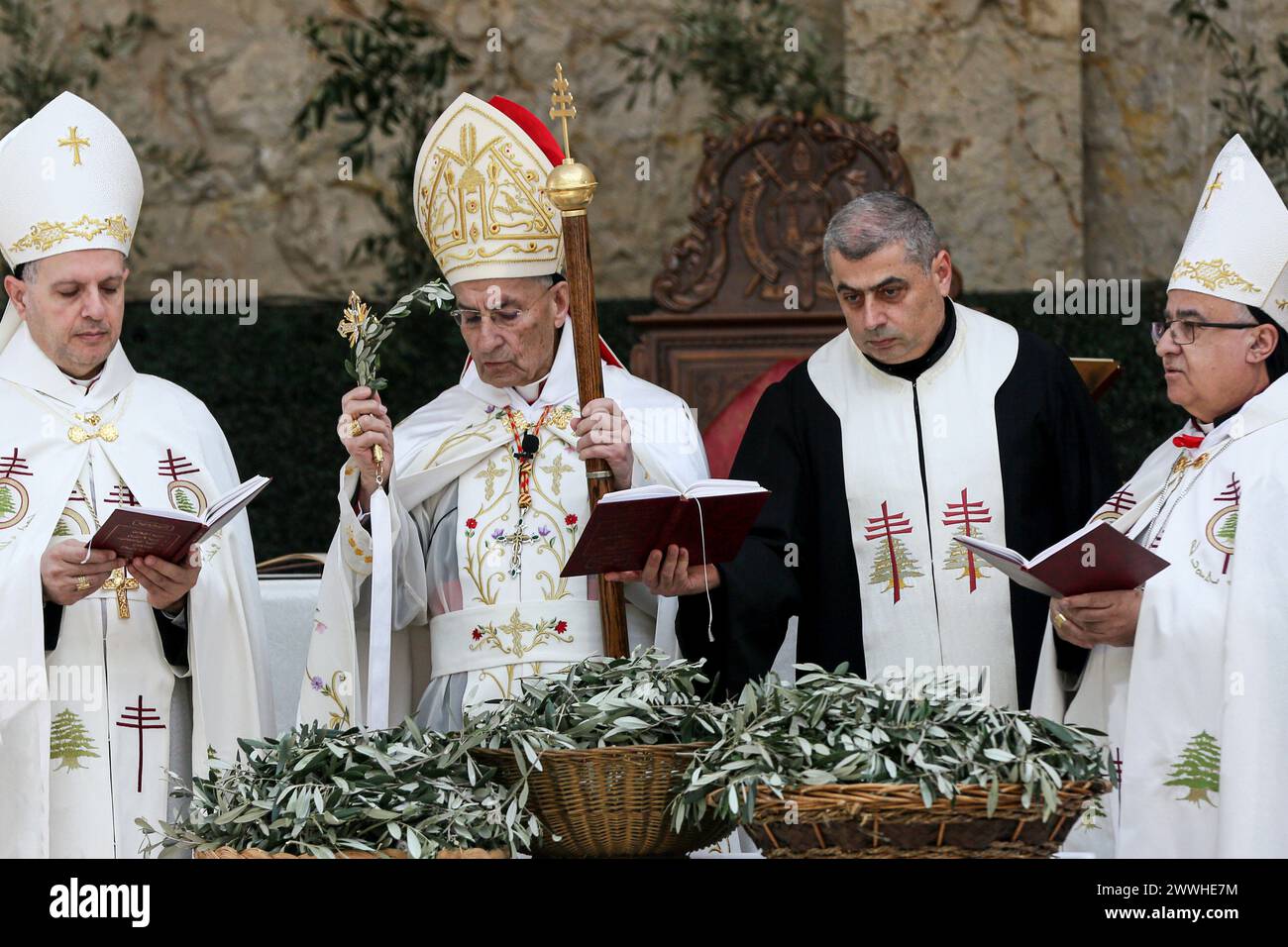 Lebanese Christian Patriarch Mar Bechara Boutros al-Rahi (C) blesses ...