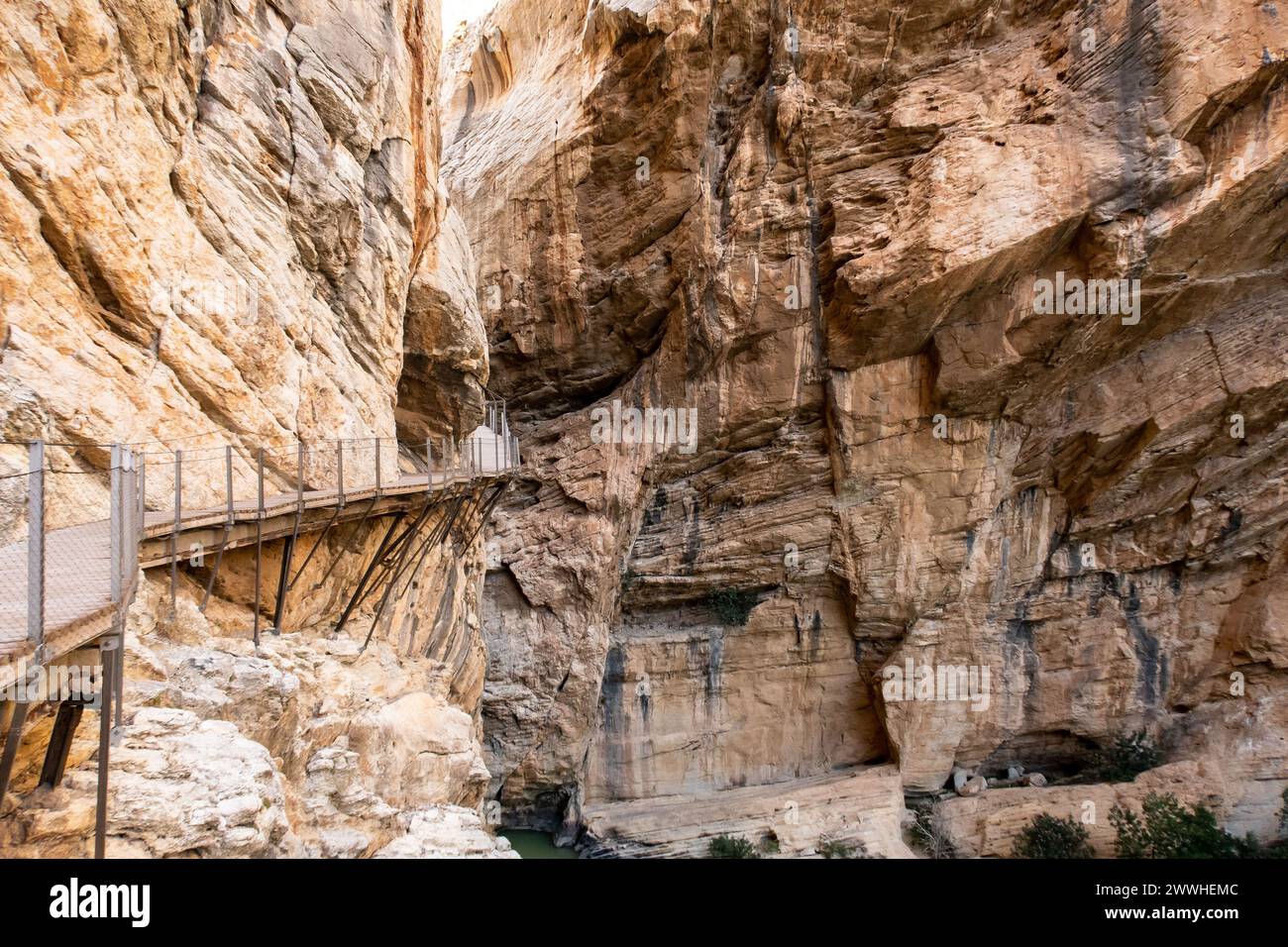 El Caminito del Rey walkway along the steep walls of a narrow gorge in ...