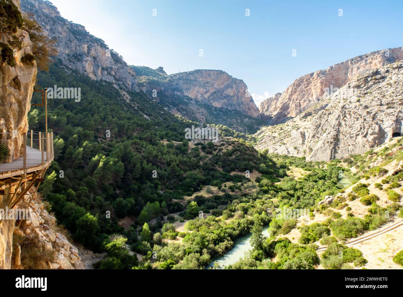 Mountain landscape view of El Chorro narrow gorge and El Caminito del ...