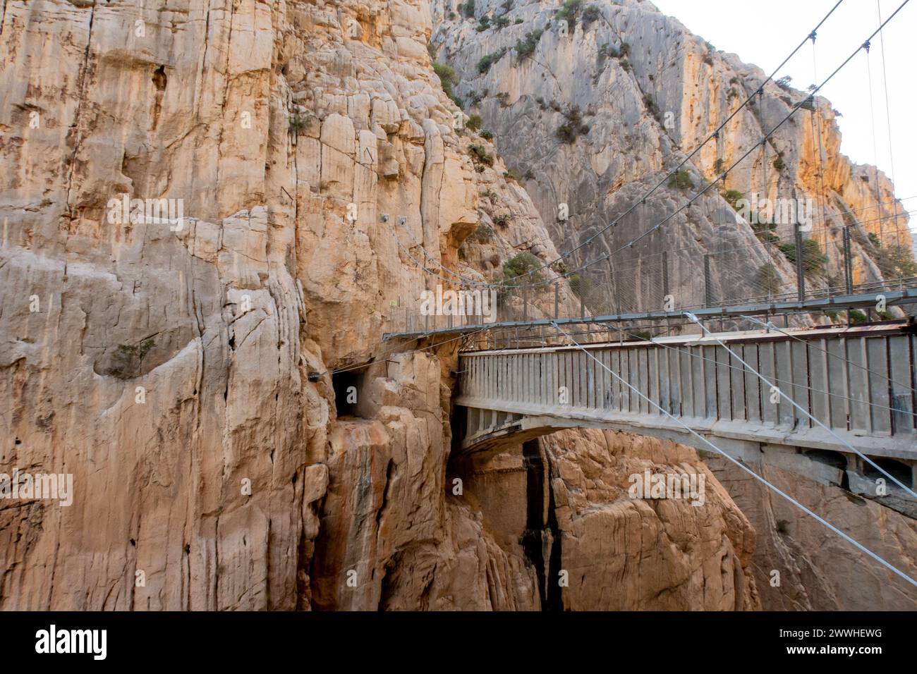 El Caminito del Rey walkway along the steep walls of a narrow gorge in ...