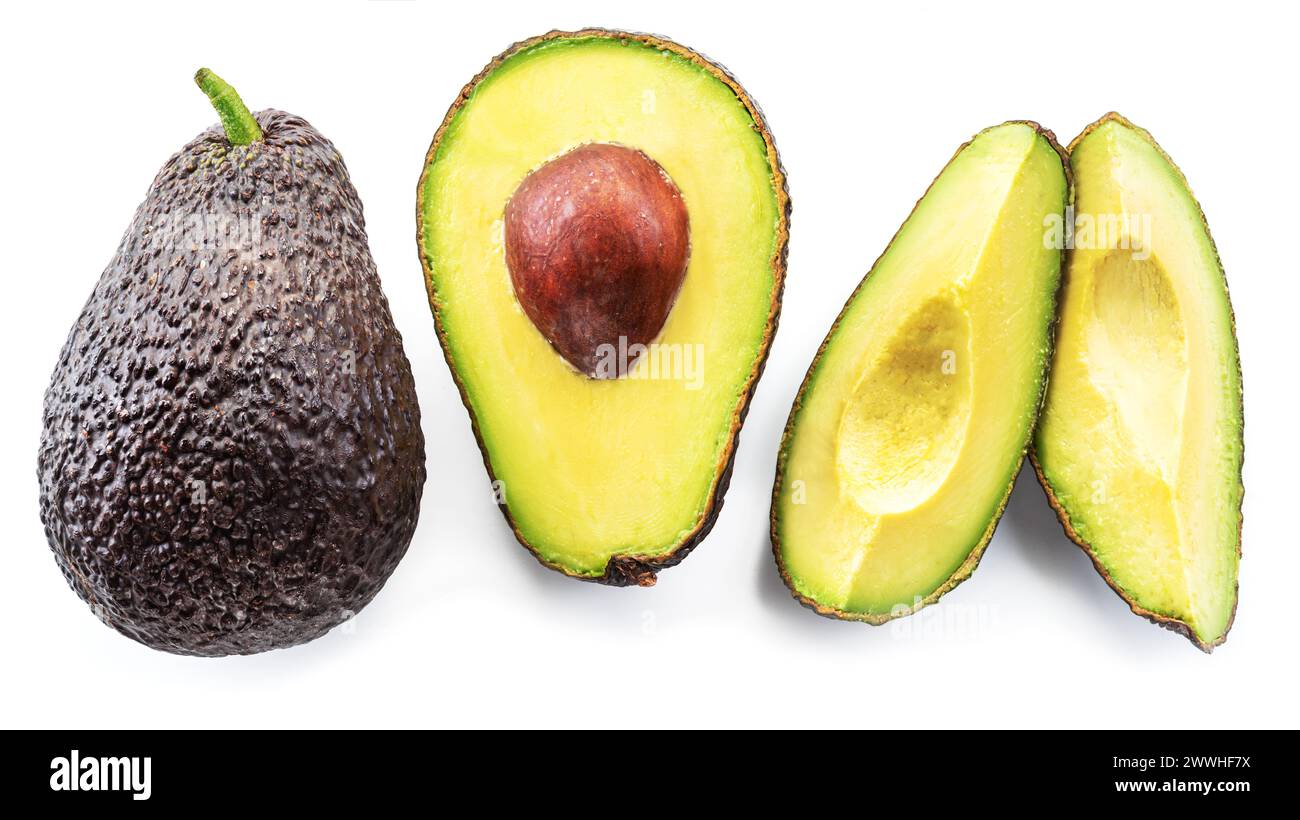 Set of avocado slices and avocado fruit isolated on white background ...