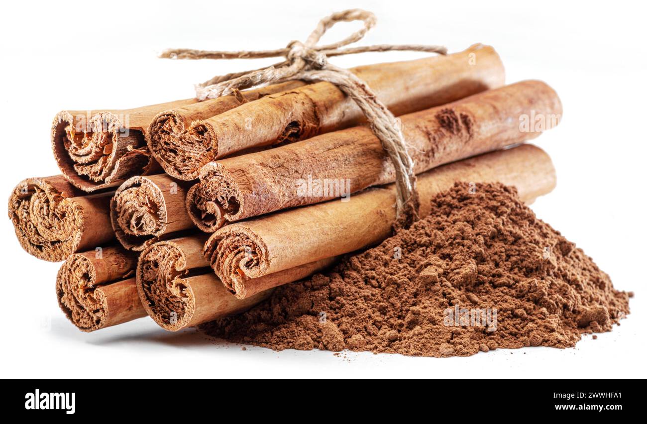 Cinnamon dried bark strips and cinnamon powder, sweet-smelling brown ...