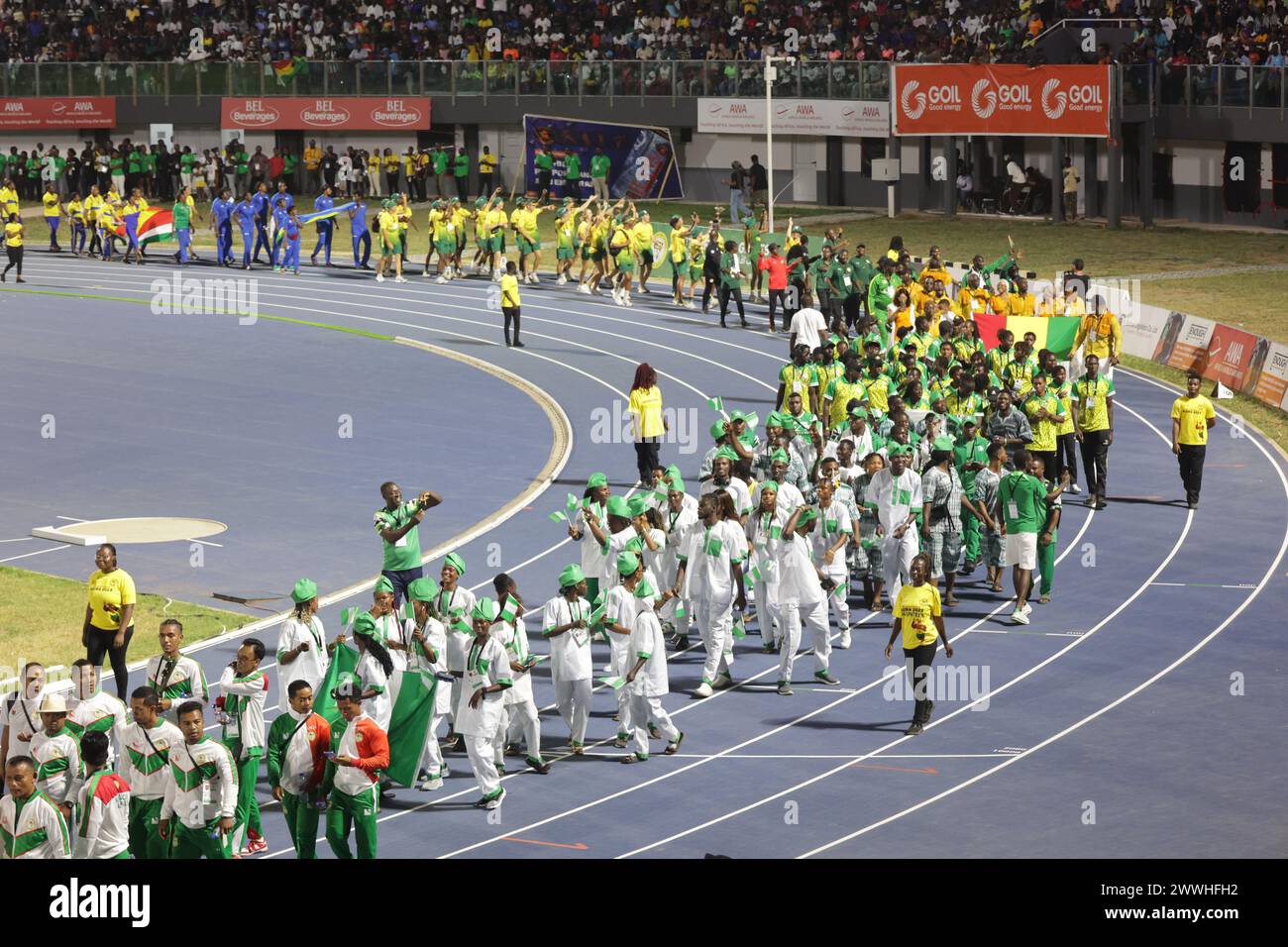 Accra, Ghana. 23rd Mar, 2024. Athletes parade at the closing ceremony ...