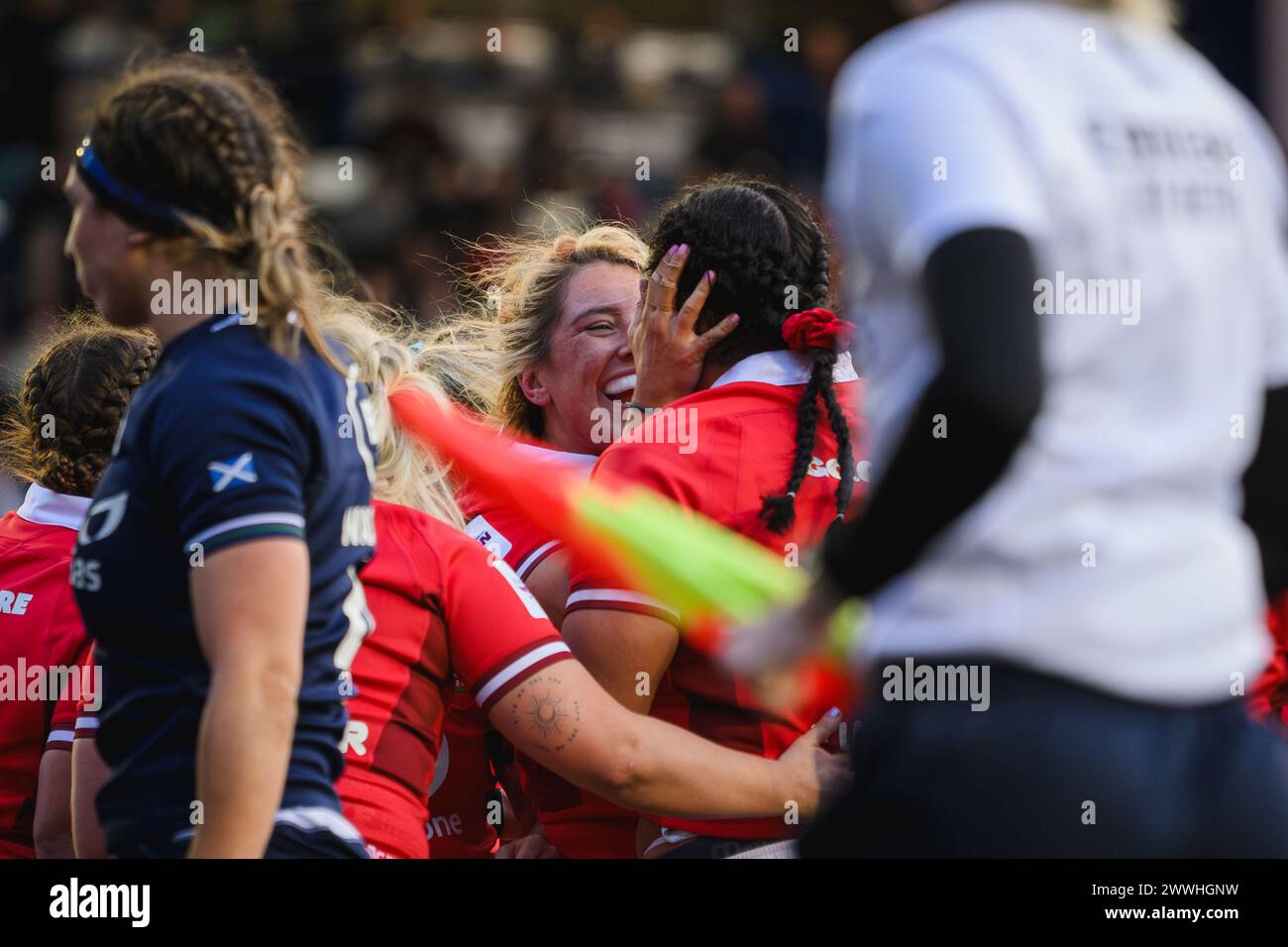 Cardiff, Wales. 23rd March 2024. Sisilia Tuipulotu celebrates scoring a ...