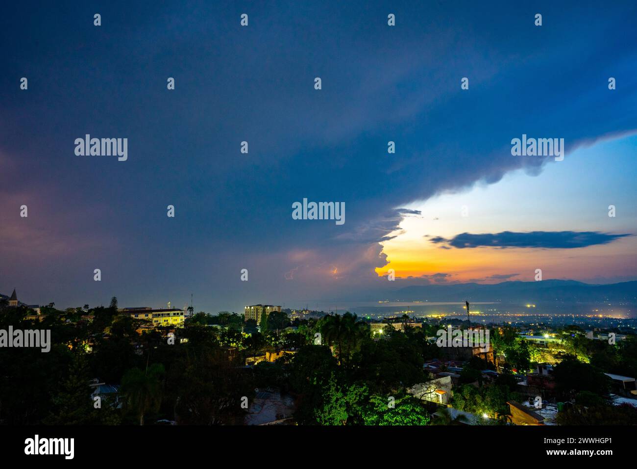 Lightning bolt falling over the city of Port-au-Prince, Haiti with ...
