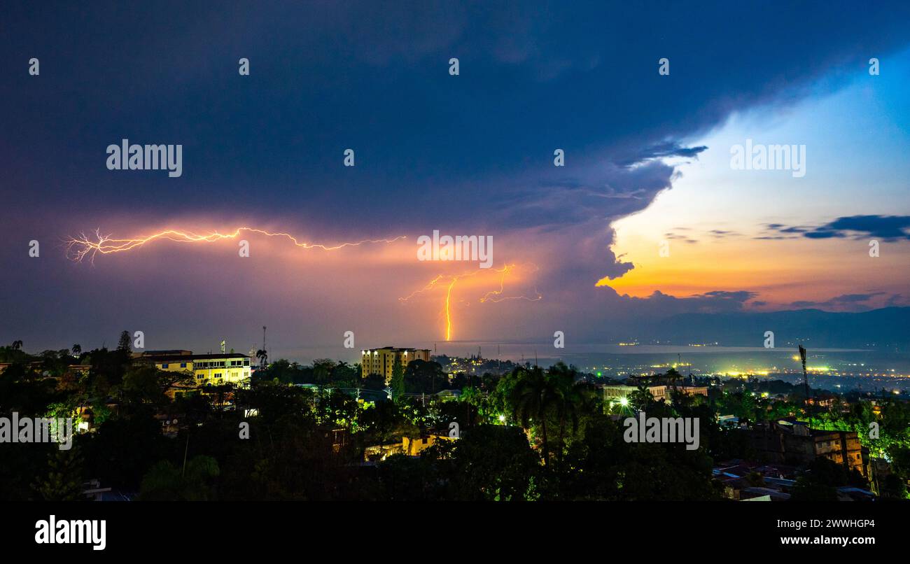 Lightning bolt falling over the city of Port-au-Prince, Haiti with ...