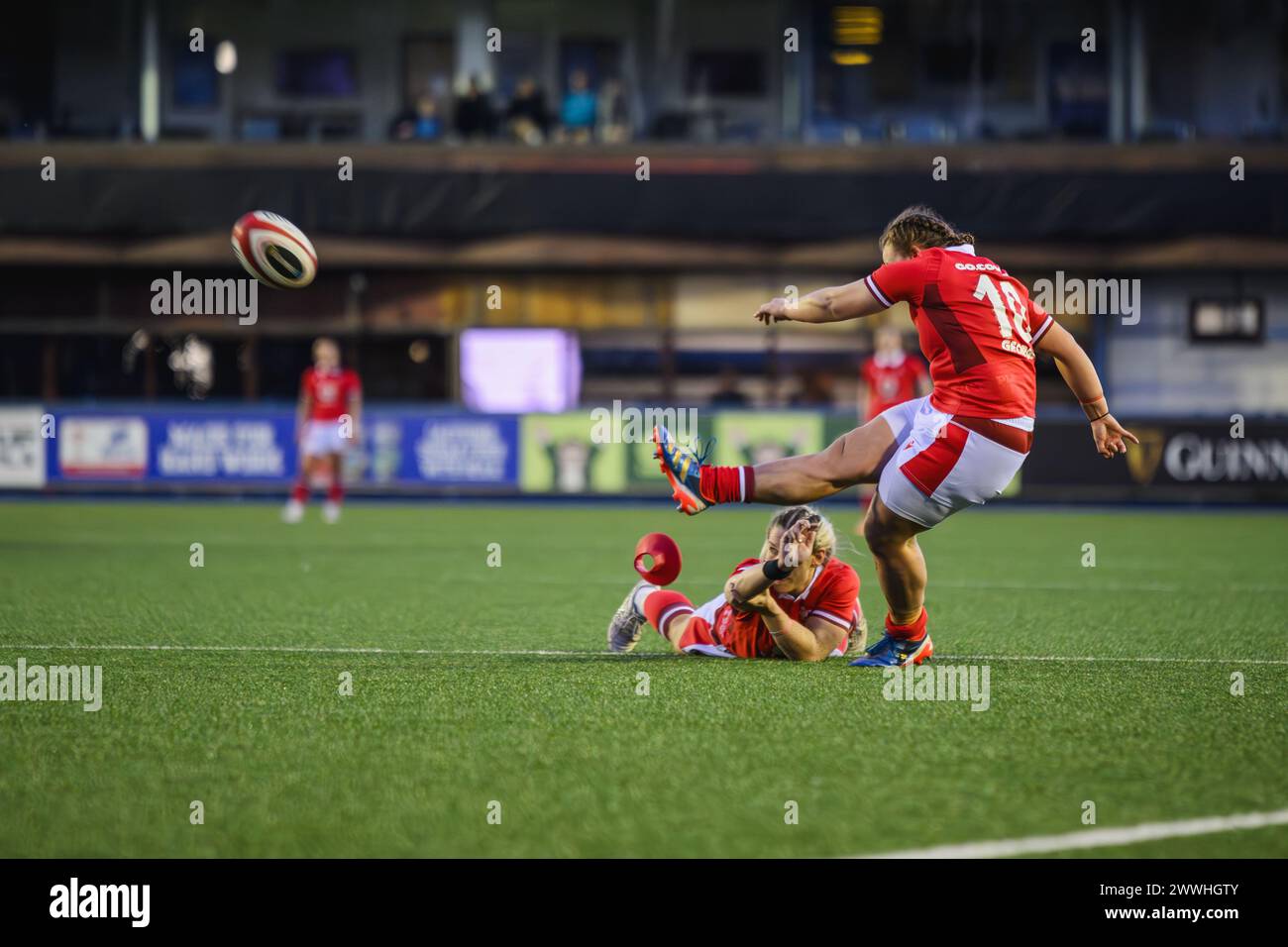 Cardiff, Wales. 23rd March 2024. Lleucu George kicks during the Women’s ...