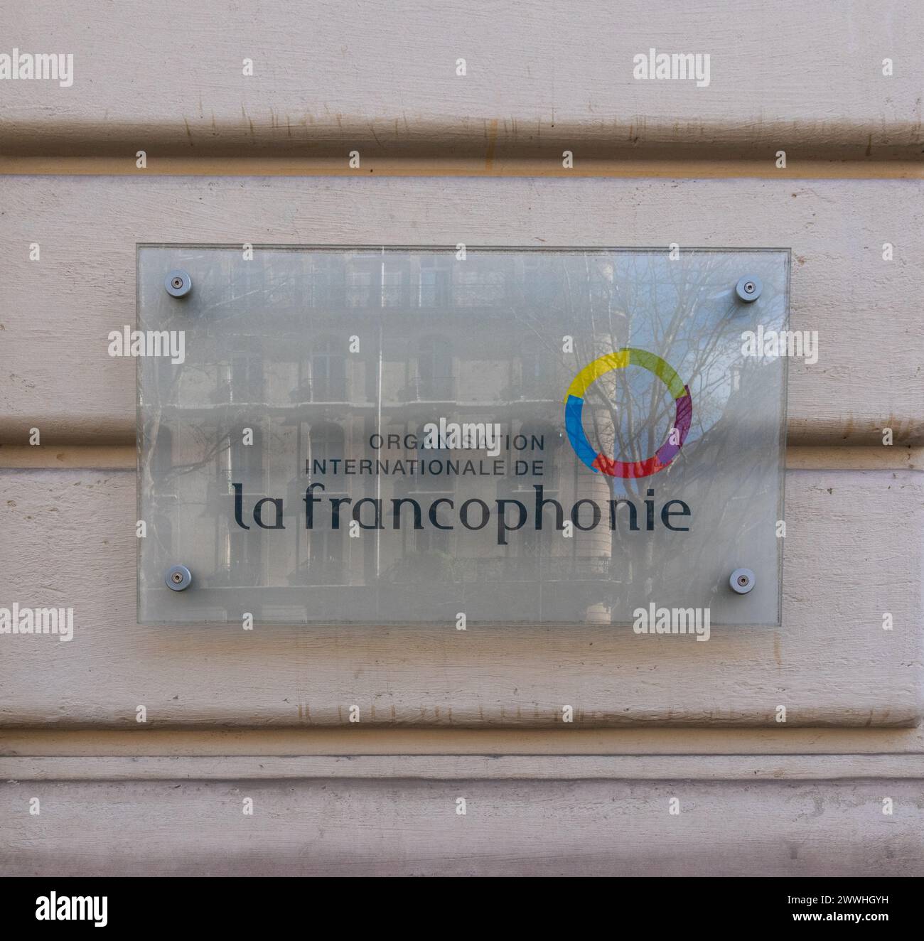 Paris, France - 03 24 2024 : plaque at the entrace of the head office ...