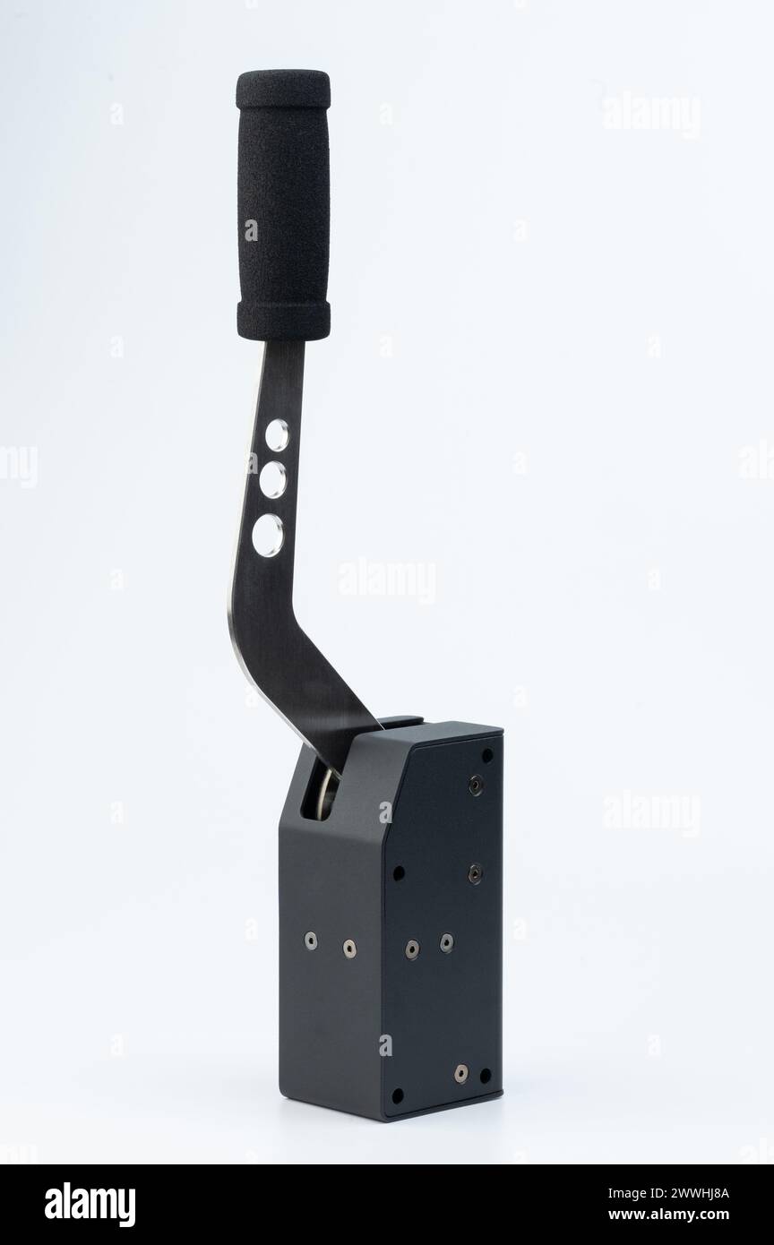 Black sport car hand break with handle isolated on studio background ...