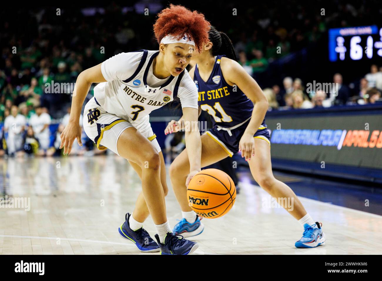 South Bend, Indiana, USA. 23rd Mar, 2024. Notre Dame guard Hannah Hidalgo (3) steals the ball ...