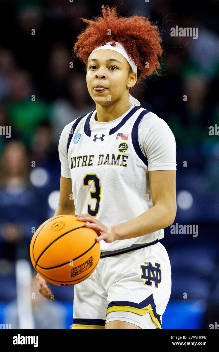 South Bend, Indiana, USA. 23rd Mar, 2024. Notre Dame guard Hannah Hidalgo (3) directs the ...