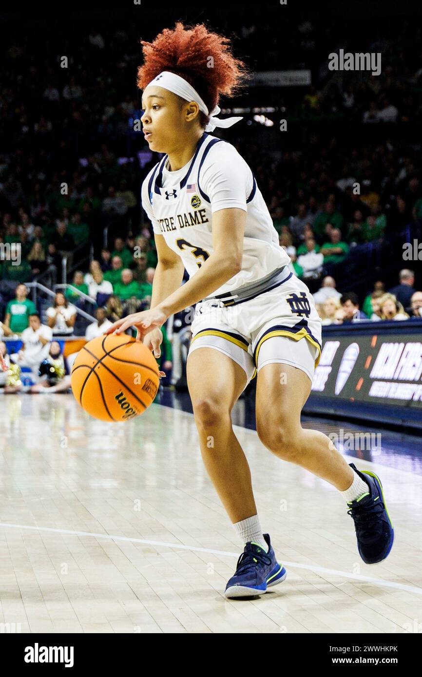 South Bend, Indiana, USA. 23rd Mar, 2024. Notre Dame guard Hannah Hidalgo (3) drives to the lane ...
