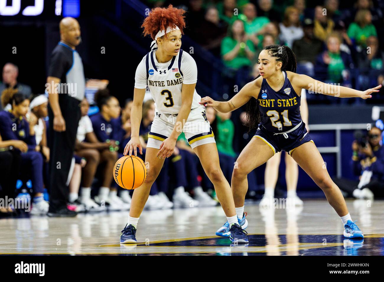 South Bend, Indiana, USA. 23rd Mar, 2024. Notre Dame guard Hannah Hidalgo (3) directs the ...