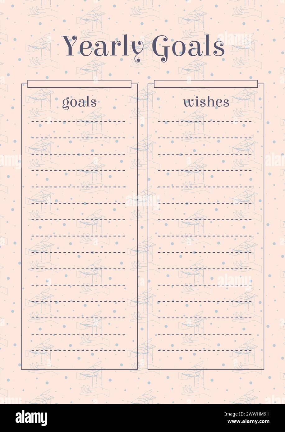 Yearly goals templates. Worksheet list with pink-blue background. Blank ...
