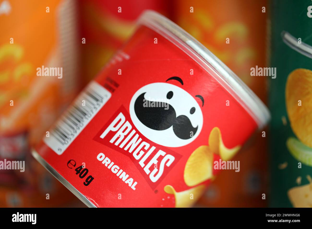 KYIV, UKRAINE - FEBRUARY 27, 2024 Pringles original potato chips on ...