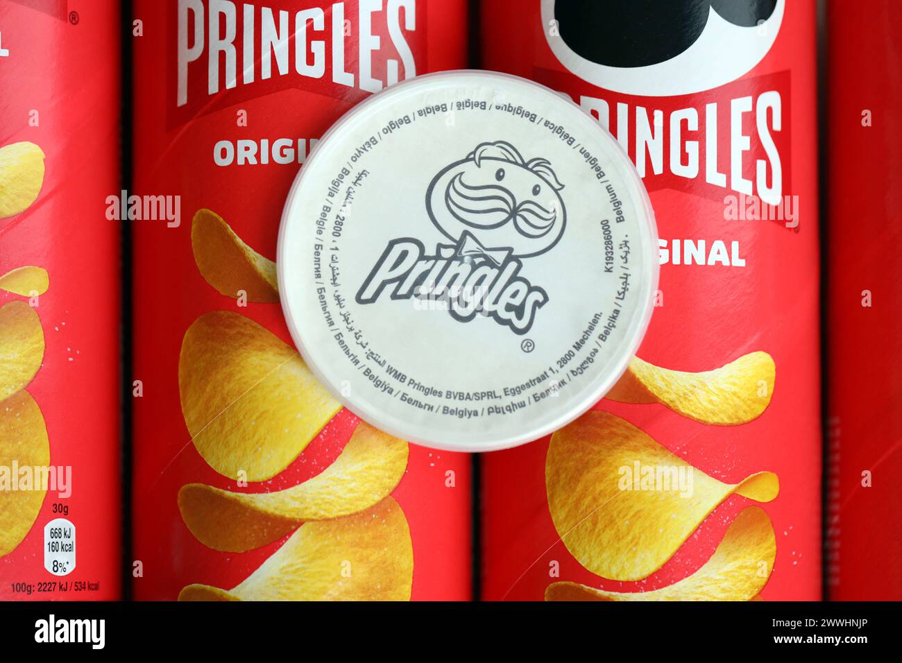 KYIV, UKRAINE - FEBRUARY 27, 2024 Pringles original potato chips on ...