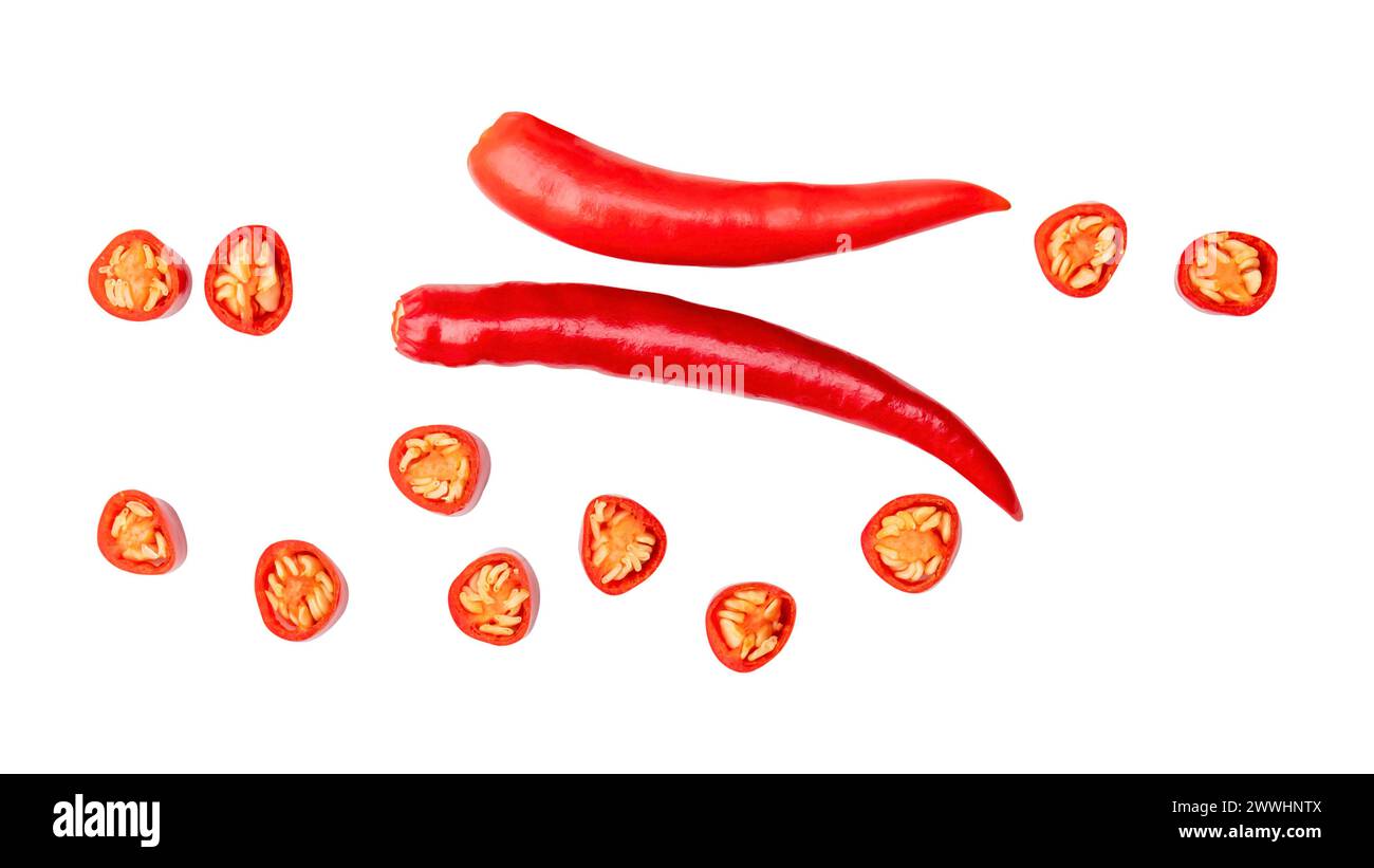 Top view set of red chili pepper with slices is isolated on white ...