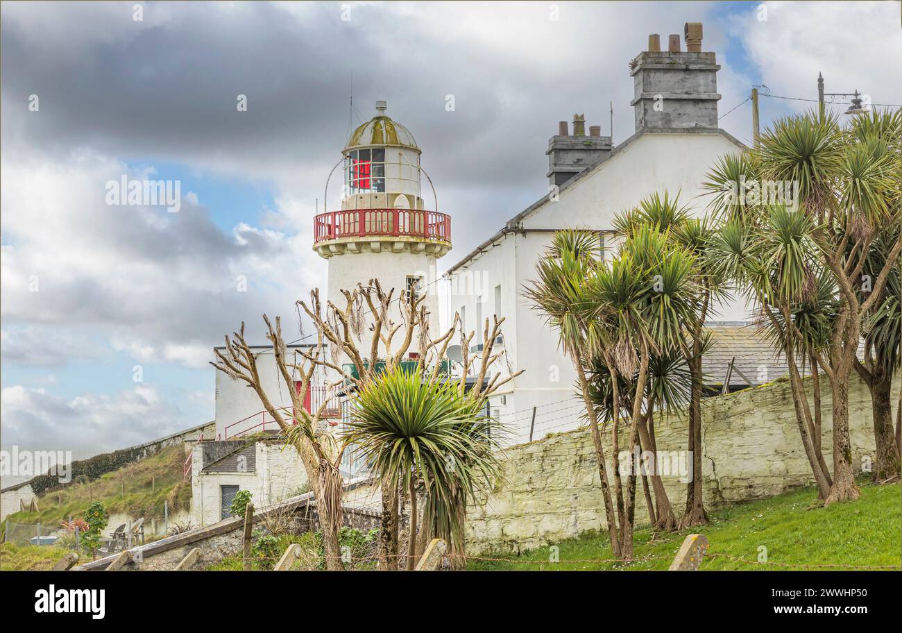 Irish automatic lighthouse against a stormy sky with tropical plants ...