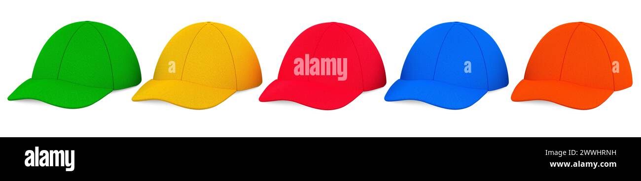 Colored baseball caps in row. 3D rendering isolated on the white ...