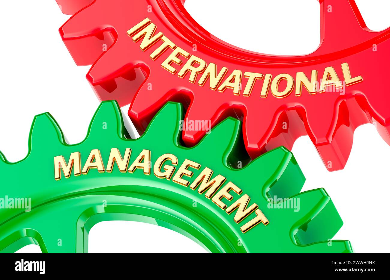 International Management concept with colored gearwheels. 3D rendering ...