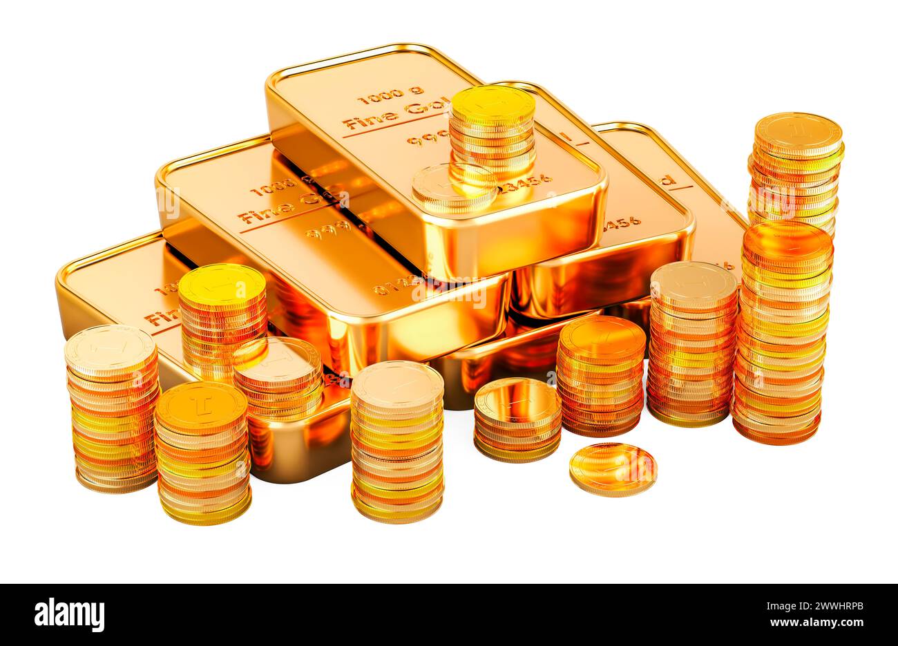 Stack of gold ingots and golden coins, 3D rendering isolated on white ...
