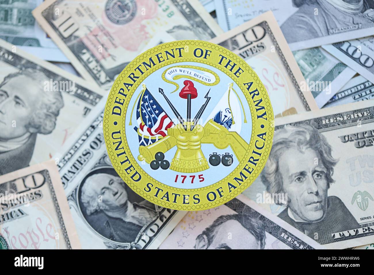 KYIV, UKRAINE - MARCH 9, 2024 US Department of Army seal on many US ...