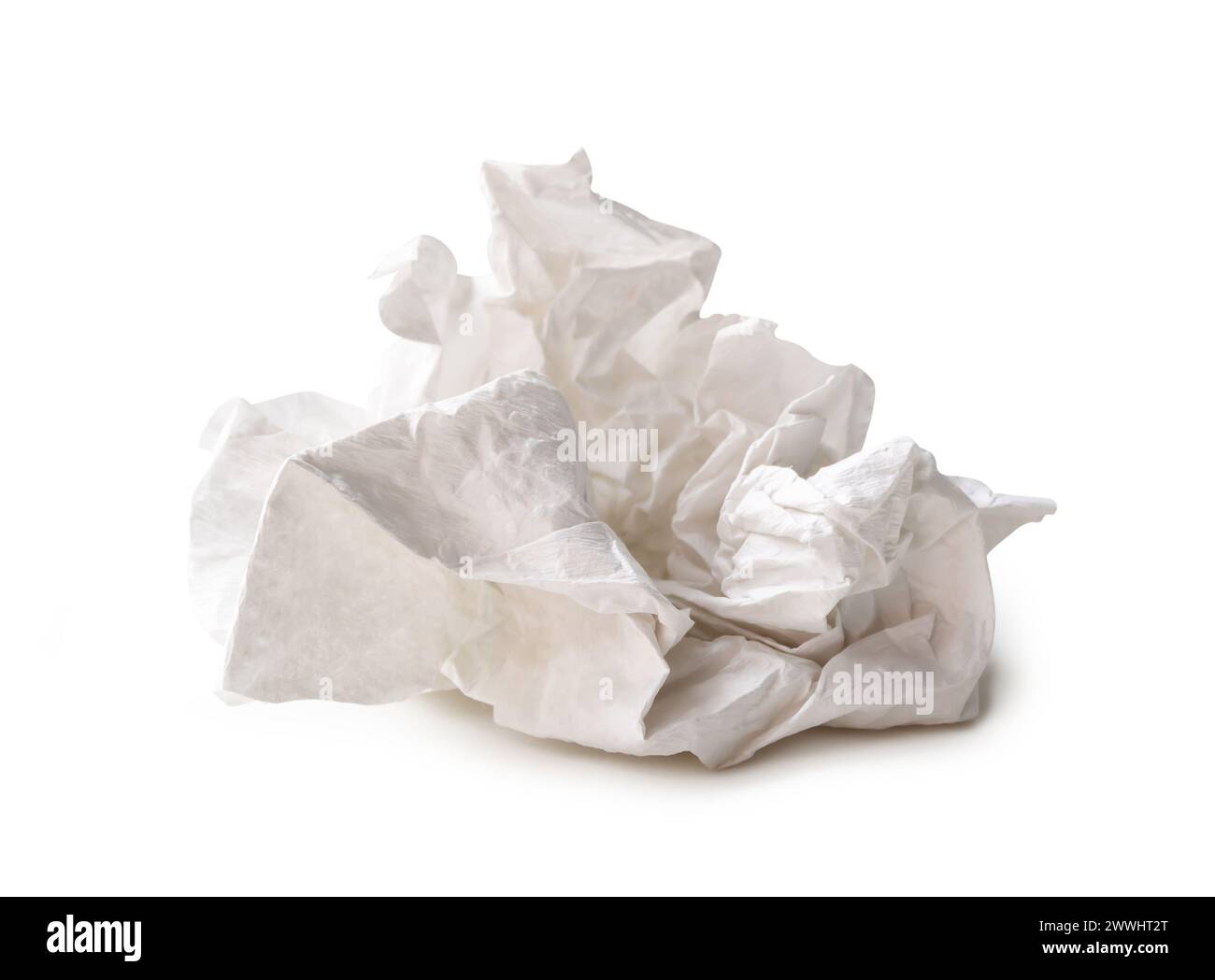 Front view of white crumpled tissue paper ball after use in toilet or ...