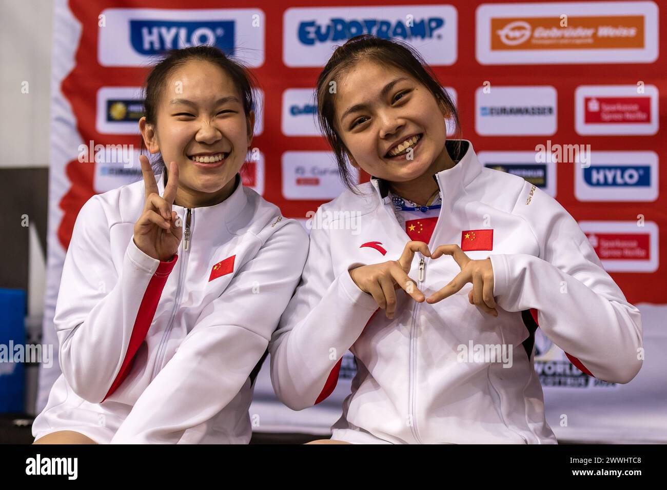 Cottbus, Germany. 24th Mar, 2024. Trampolining World Cup, women's synchronized diving final ...