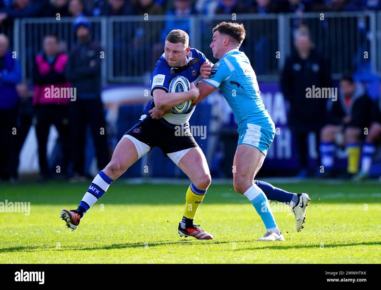 Sale Sharks' George Ford attempts to tackle Bath's Finn Russell during ...