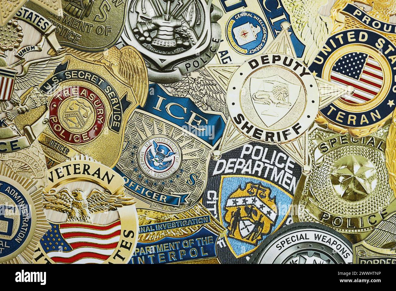 KYIV, UKRAINE - MARCH 9, 2024 Badges of different United States police ...