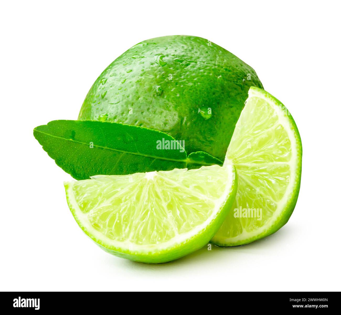 Front view of fresh green lemon fruit with slices or quarters and leaf ...