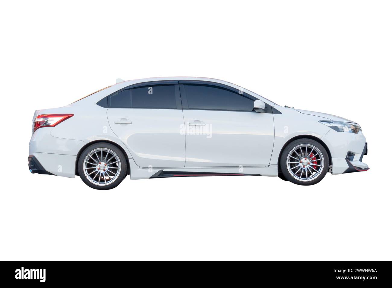 Side view of white sports sedan car is isolated on white background ...