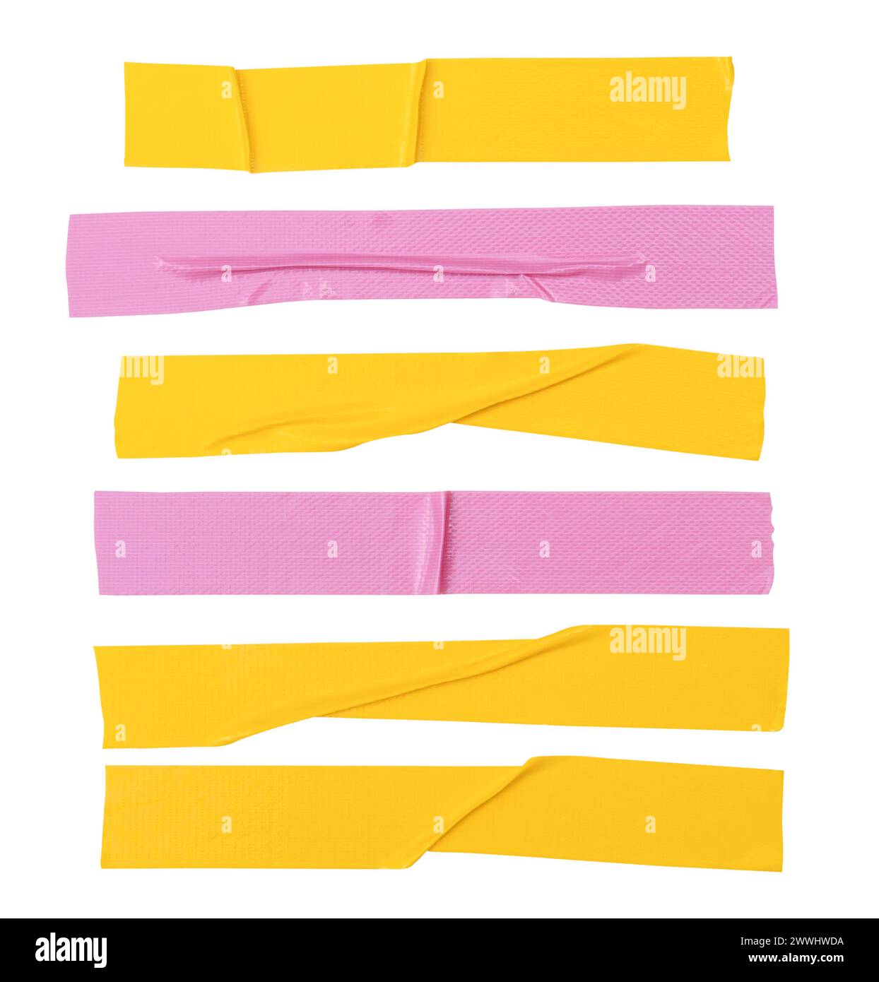 Top view set of wrinkled yellow and pink adhesive vinyl tape or cloth ...